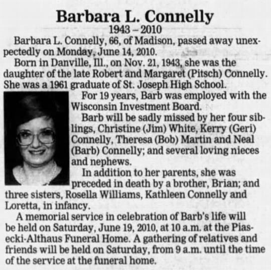 Barbara Connelly (Deceased), Kenosha, WI Wisconsin Barbara Connelly (Deceased), Kenosha, WI Wisconsin
